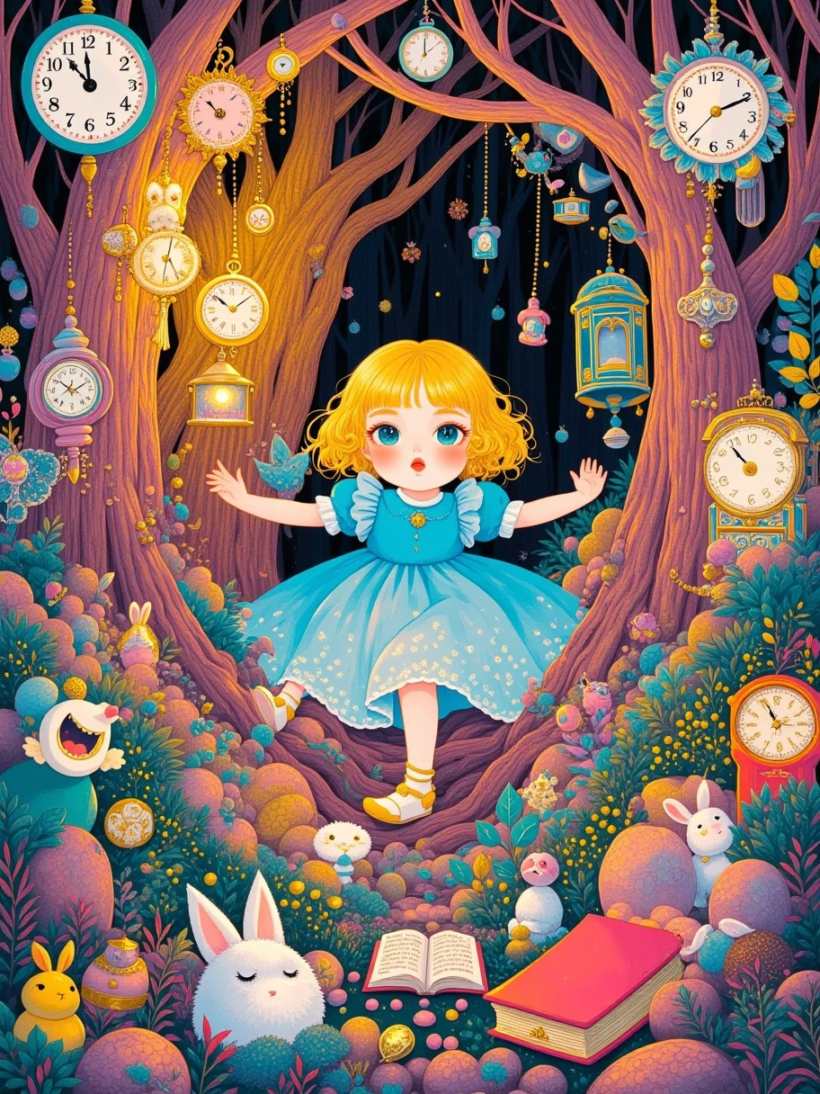 A fantasy scene from the narrative of 'Alice in Wonderland'. A young ...