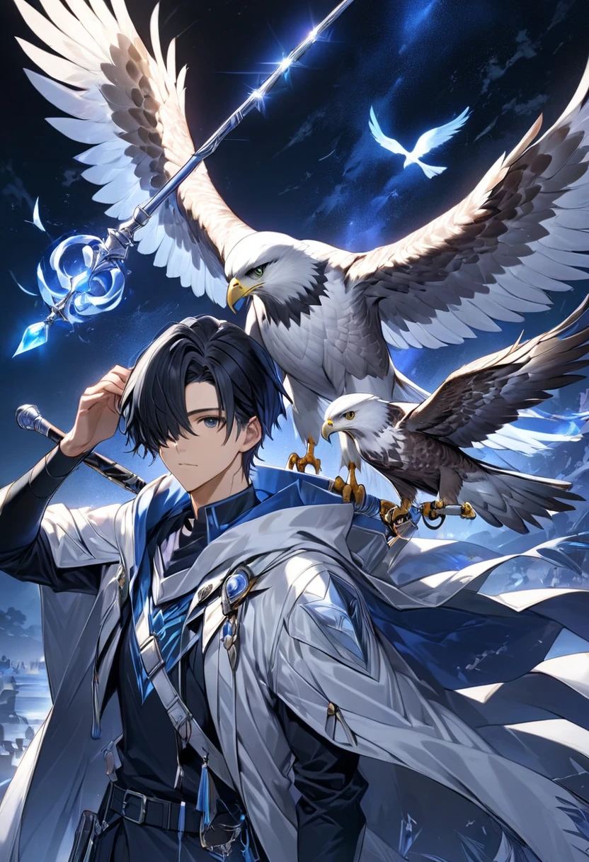 The Black-Haired Archmage Young Man "Asuka" , a hawk relief wand that ...