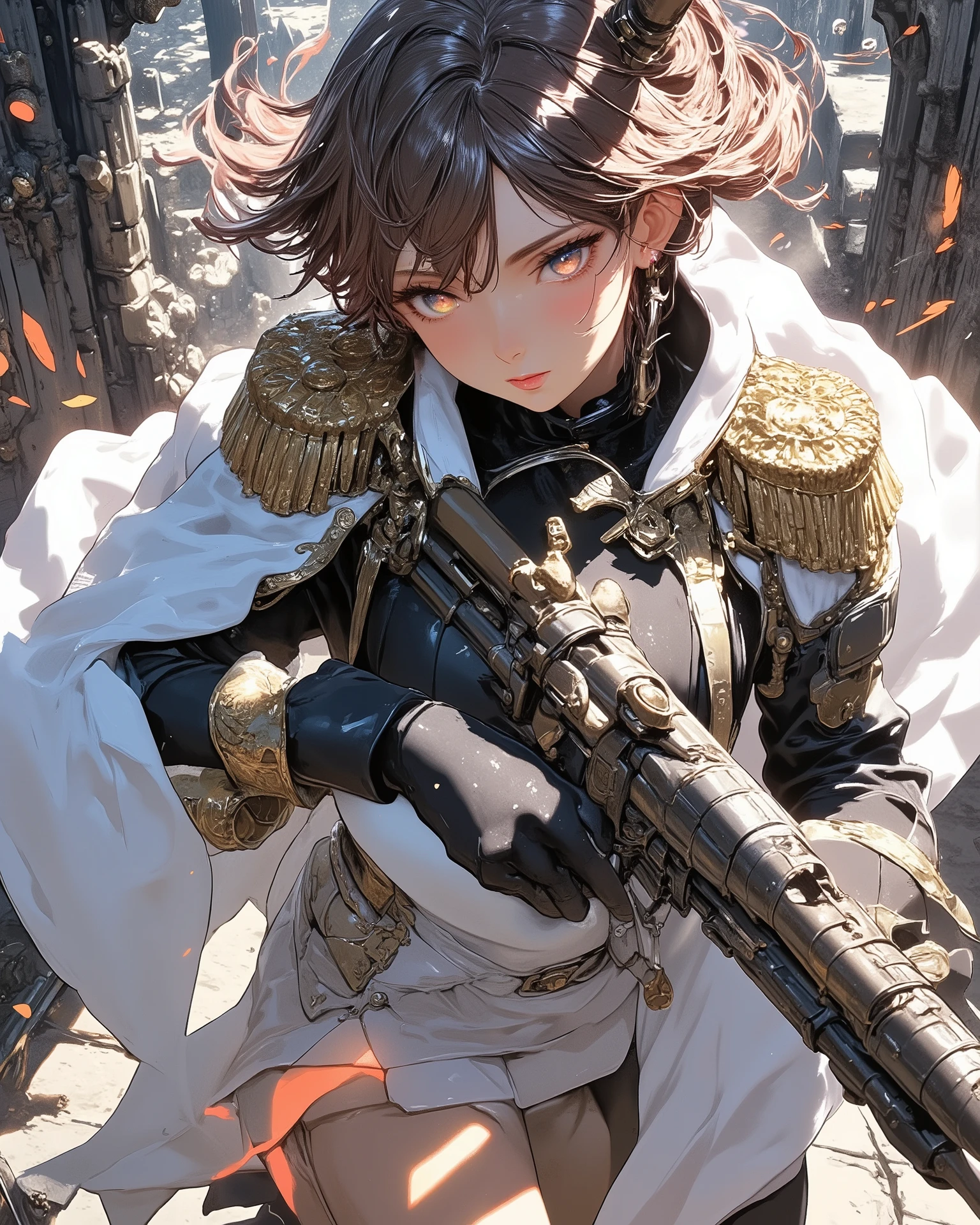 Anime girl with a gun in her hand and a lot of orange leaves - SeaArt AI