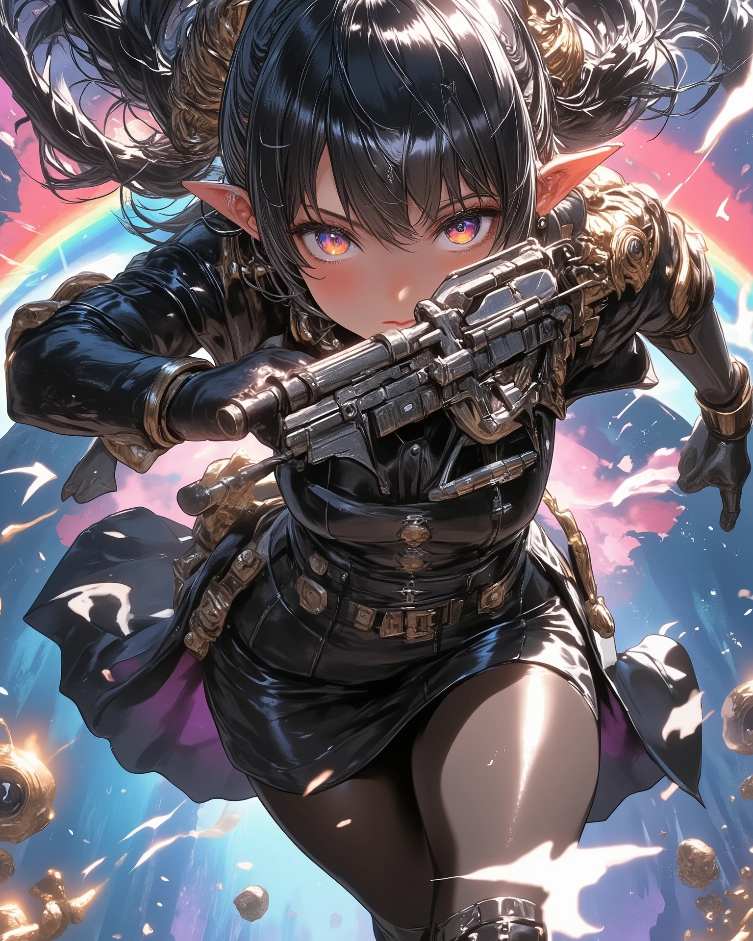 Anime girl with a gun in her hand and a rainbow in the background ...