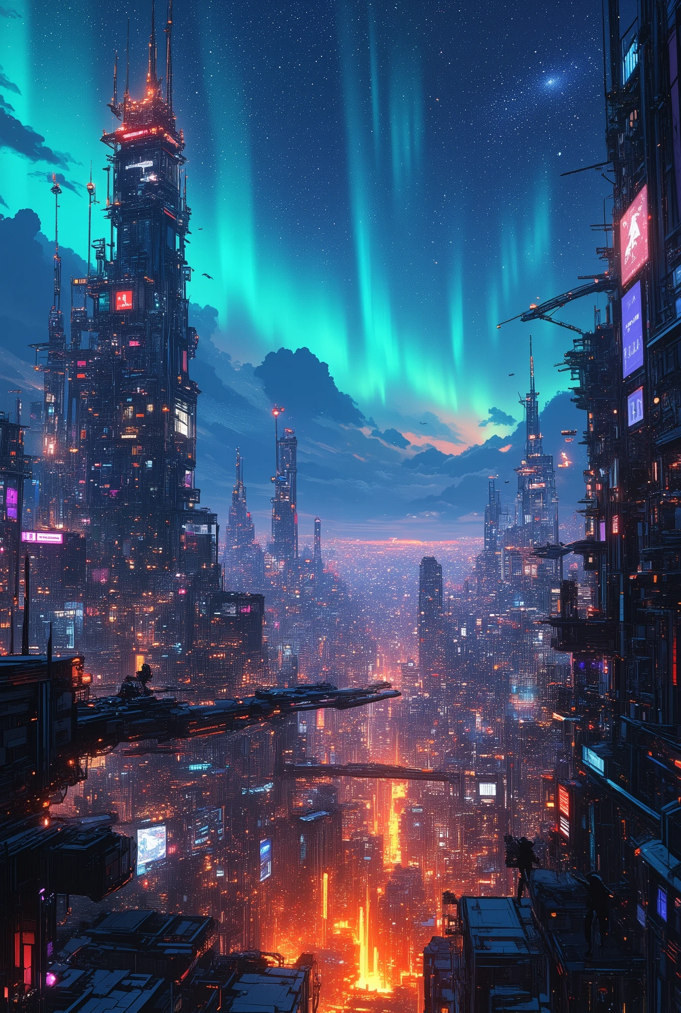 Futuristic city with a plane flying over the city at night - SeaArt AI