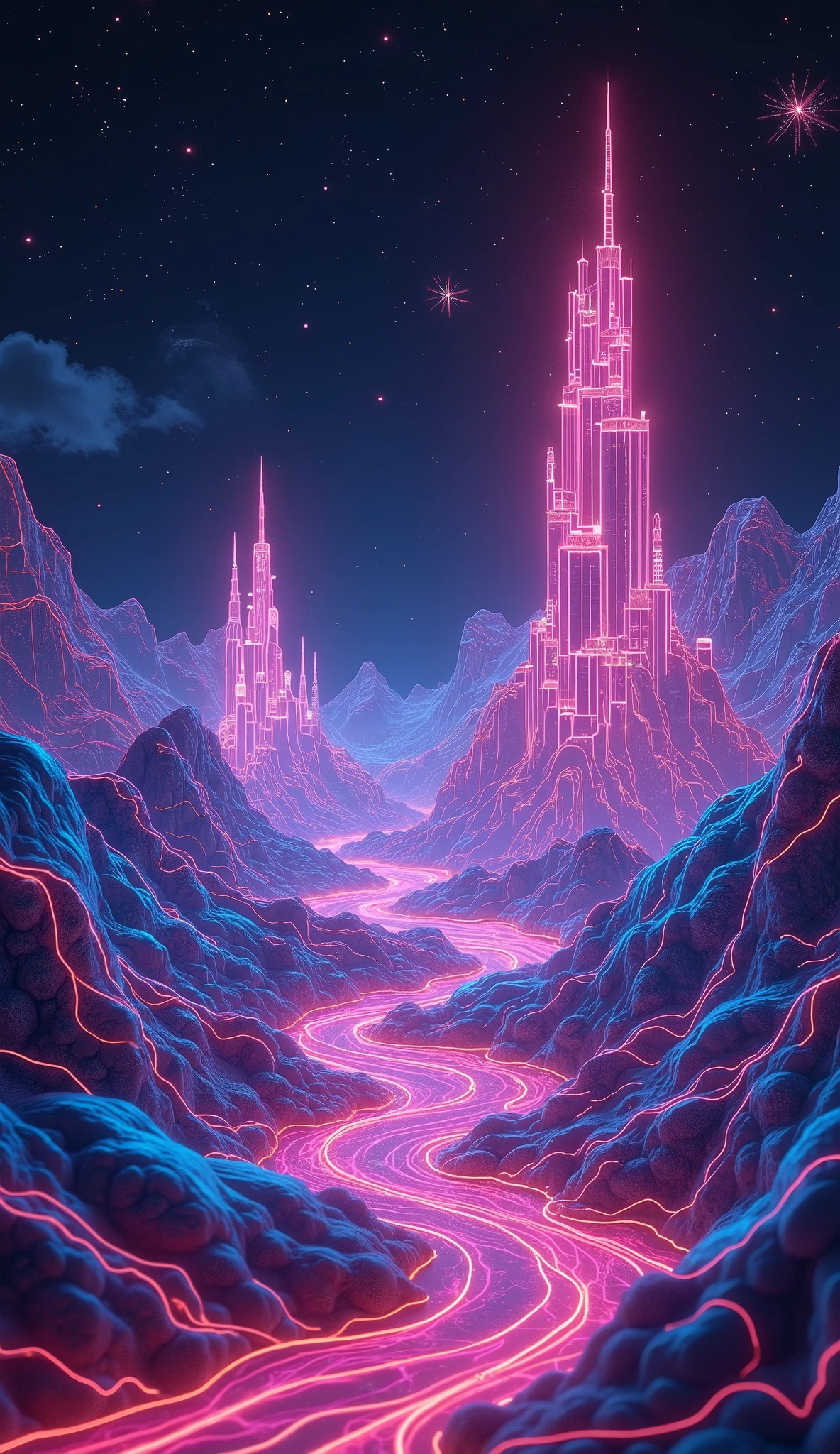 A close up of a mountain with a river in the middle - SeaArt AI