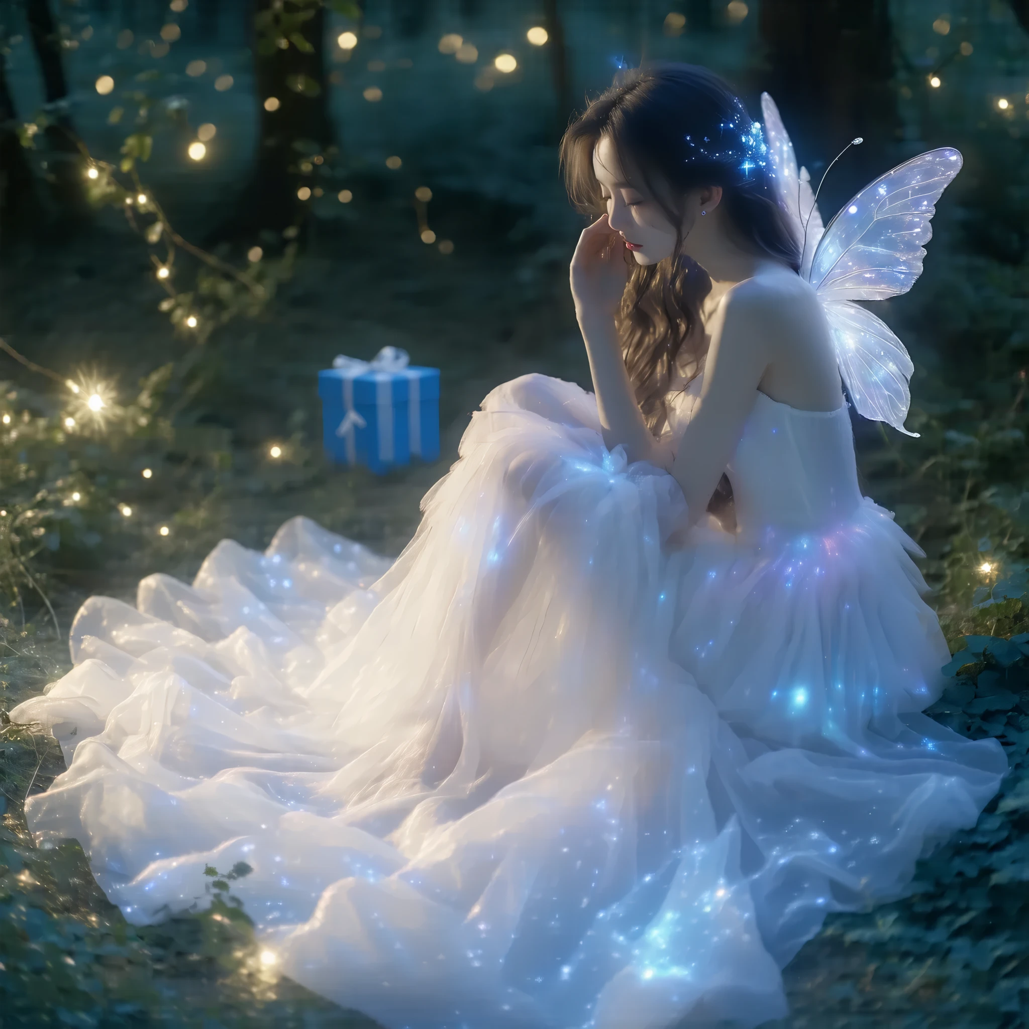 There is a woman sitting in a white dress with fairy lights - SeaArt AI