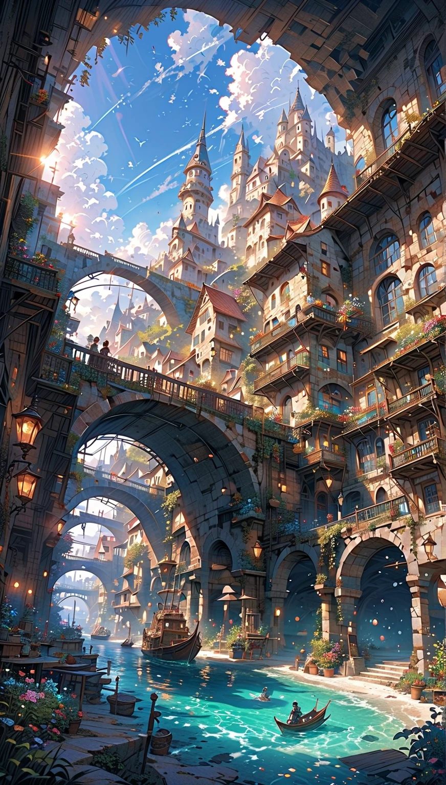 A young shopkeeper traveling a fantasy city, fantasy world background ...