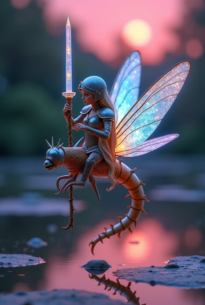 Fairy Knight on a Dragonfly A glowing fairy knight clad in luminescent ...