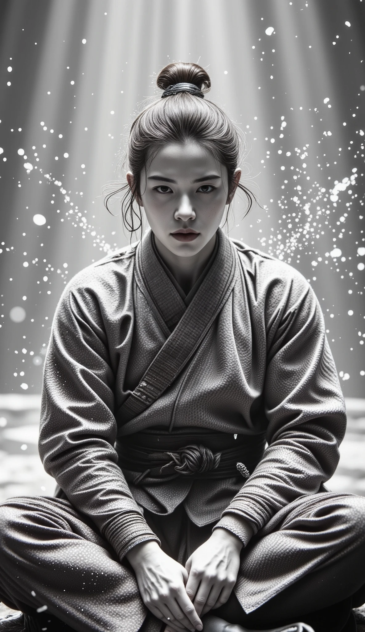 Arafed woman in a kimono sitting on a rock in the snow - SeaArt AI