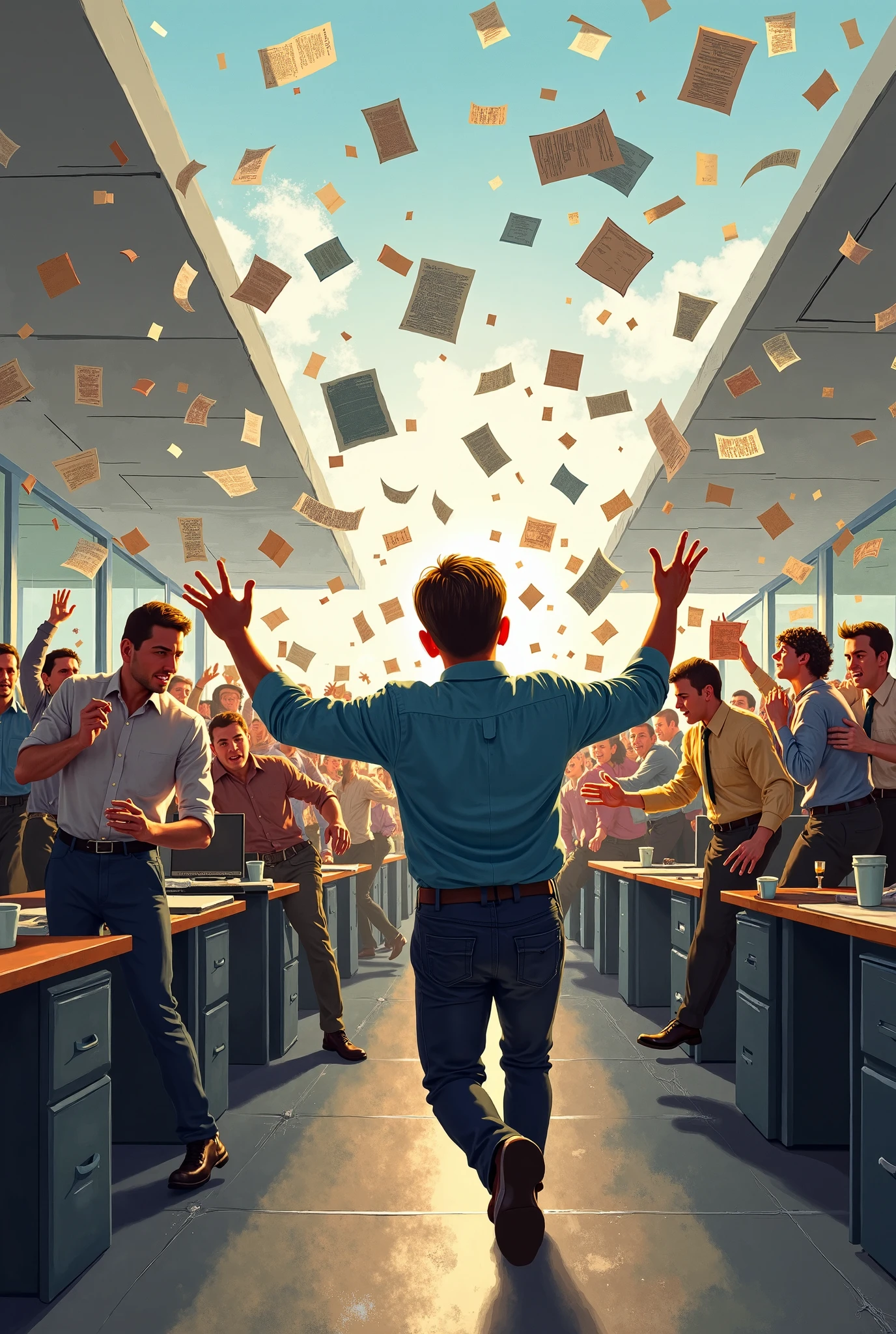 There is a man running through a room with papers flying around - SeaArt AI