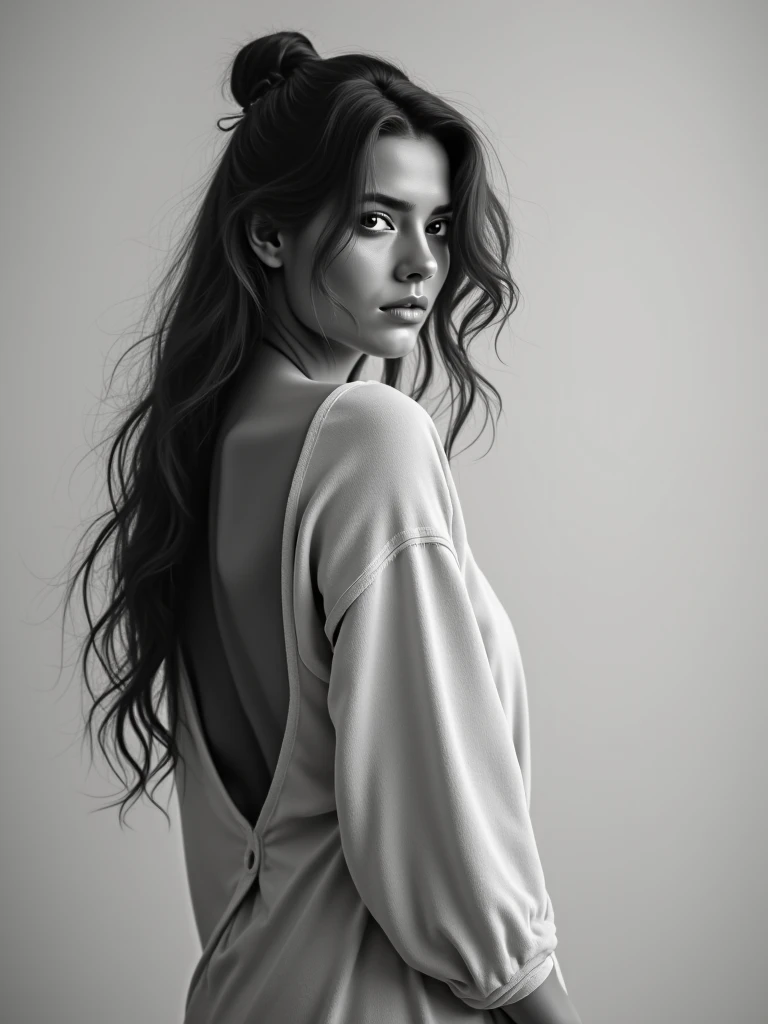 A grayscale portrait of a woman. The woman has long, flowing - SeaArt AI