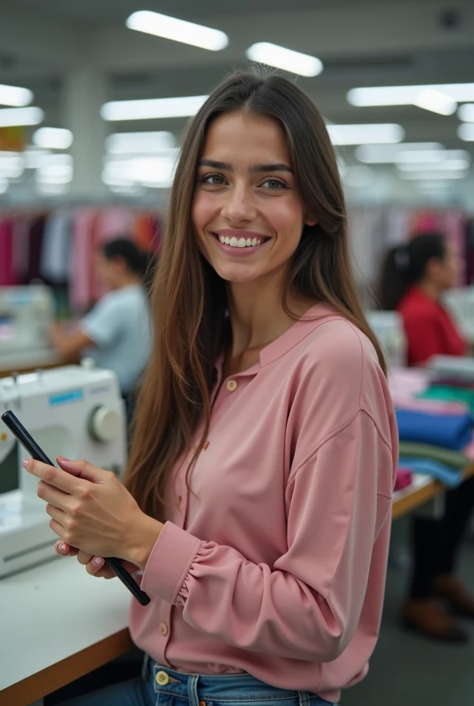 A young Brazilian woman with long brown hair wearing a pink - SeaArt AI