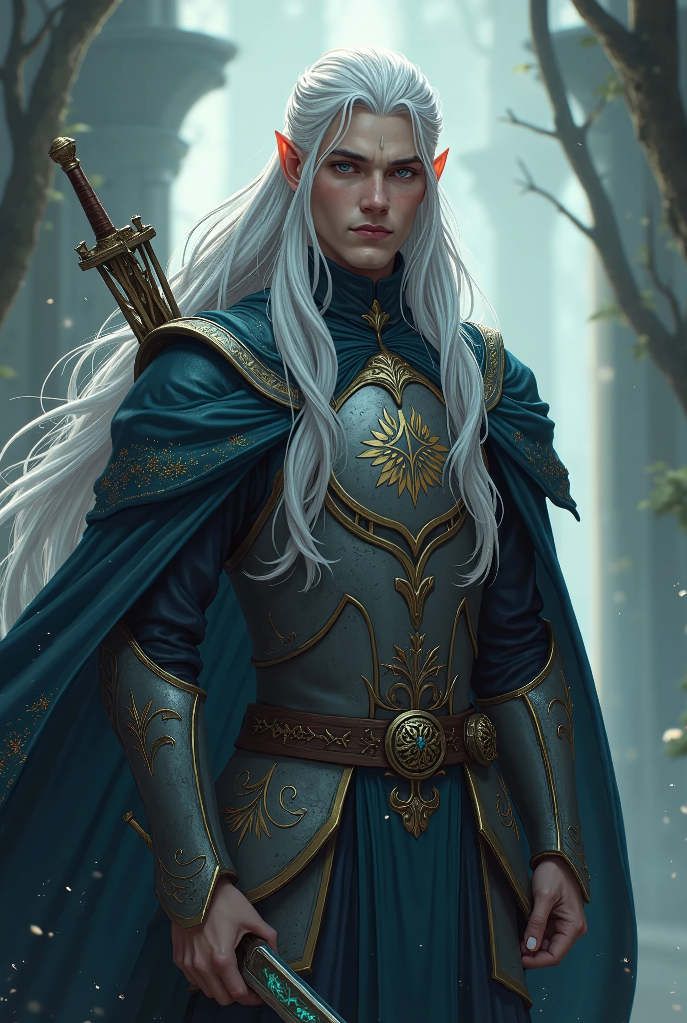 Arafed image of a man dressed in a blue outfit with a sword - SeaArt AI