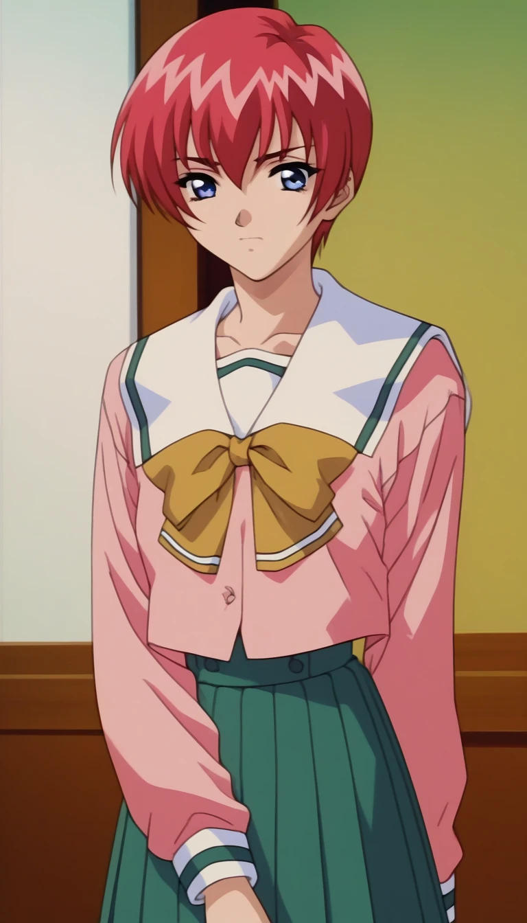 Asami, short hair, red hair, blue eyes, serafuku, pink shirt - SeaArt AI