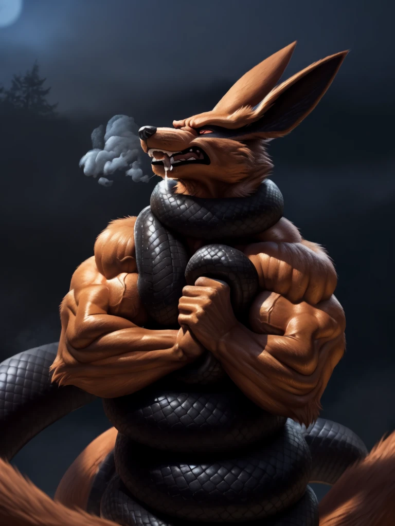 Muscular kurama fighting against a large snake, (black snake - SeaArt AI