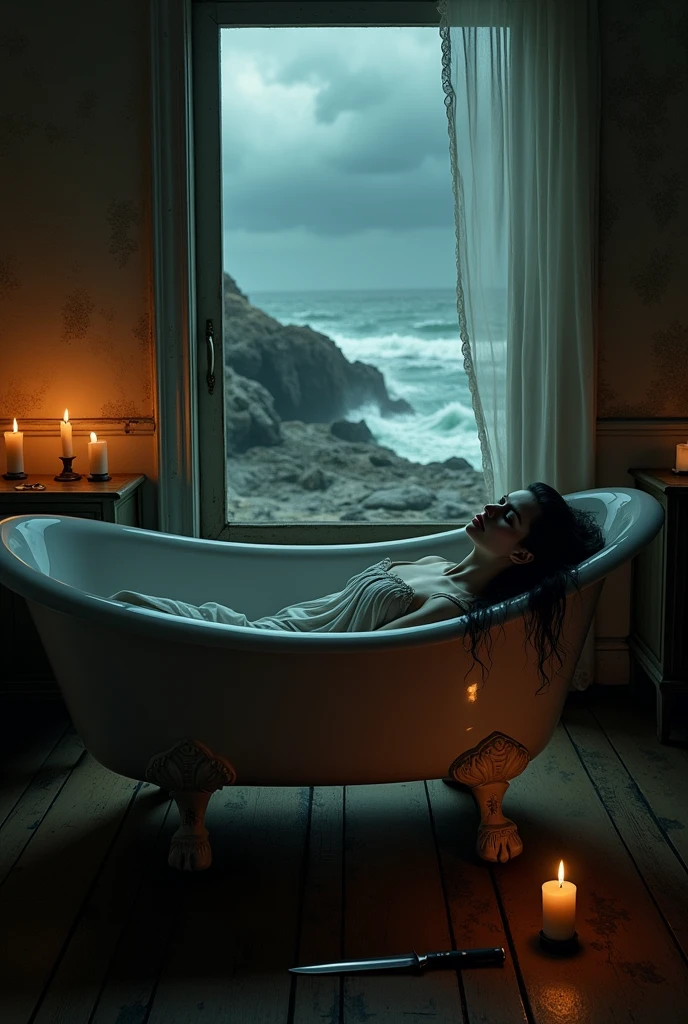 A dark, eerie scene inside a dimly lit bathroom with worn, wooden ...