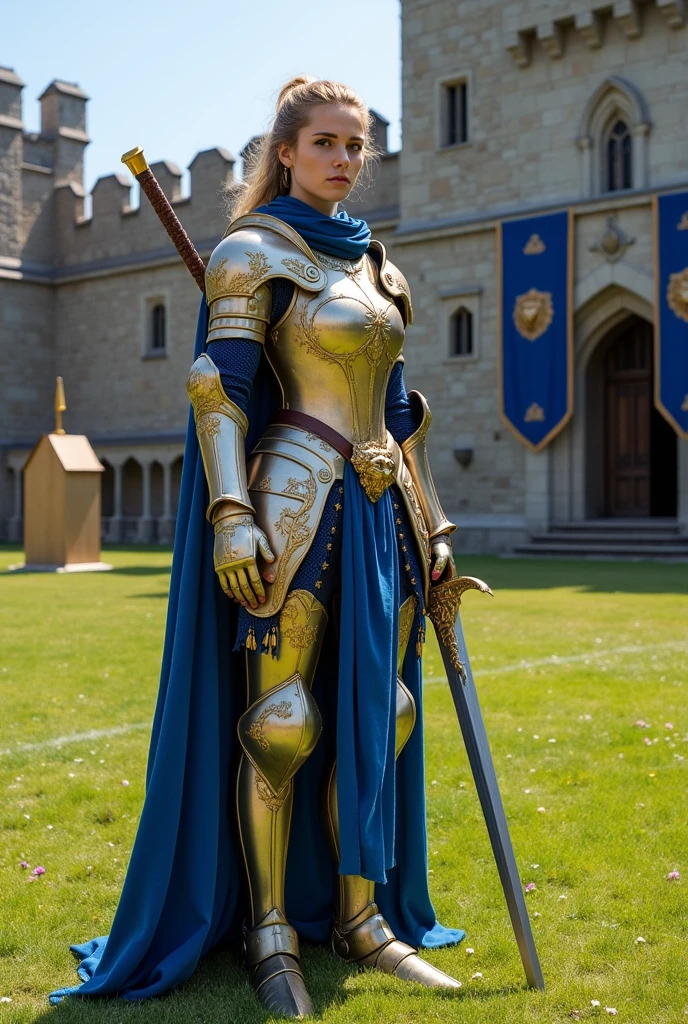 A female paladin wearing elaborate shiny gold, silver and blue lion ...