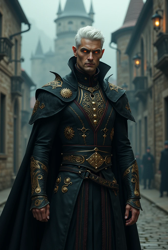 A medieval half-vampire with white hair and orange eyes Several hundred ...