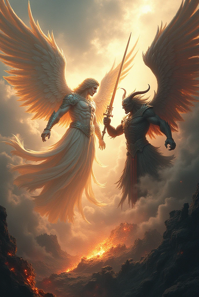 I want an image of an archangel fighting a high-ranking demon - SeaArt AI