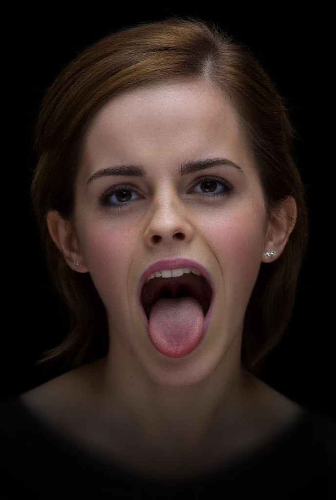 Emma Watson opens her mouth wide and huge, Throat view , teeth visible ...