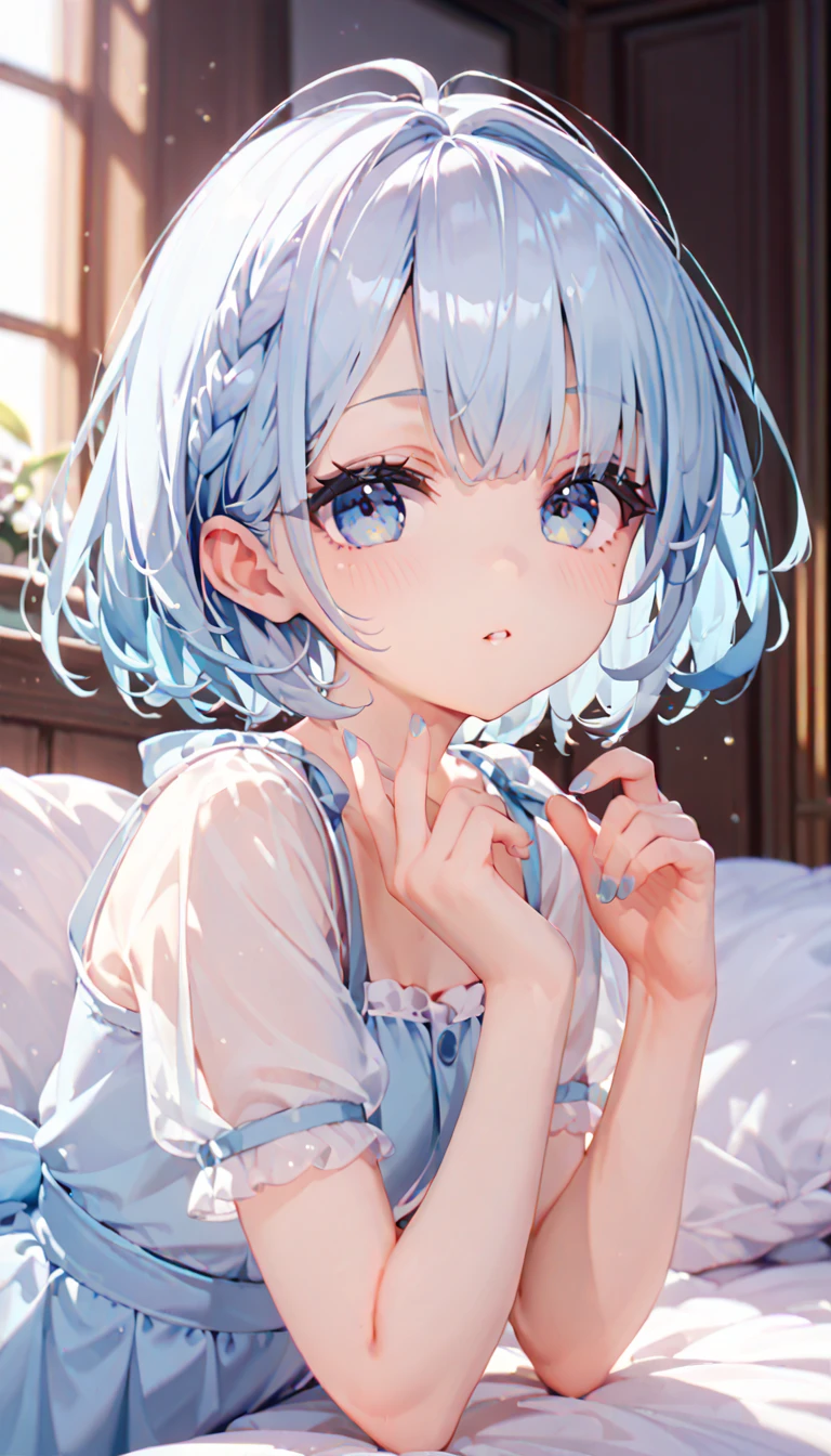 transparent white short hair ，Wear ， milky super light blue on the tips ...