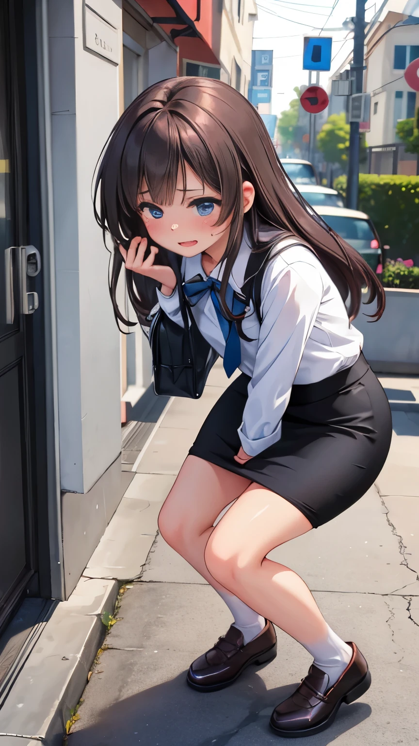 Anime girl in school uniform crouching down on the sidewalk - SeaArt AI