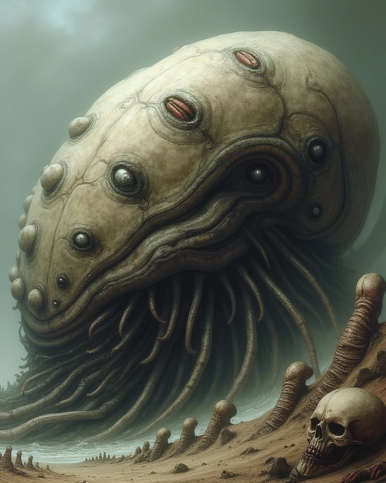 An enormous , grotesque creature formed by an amorphous mass of meat ...