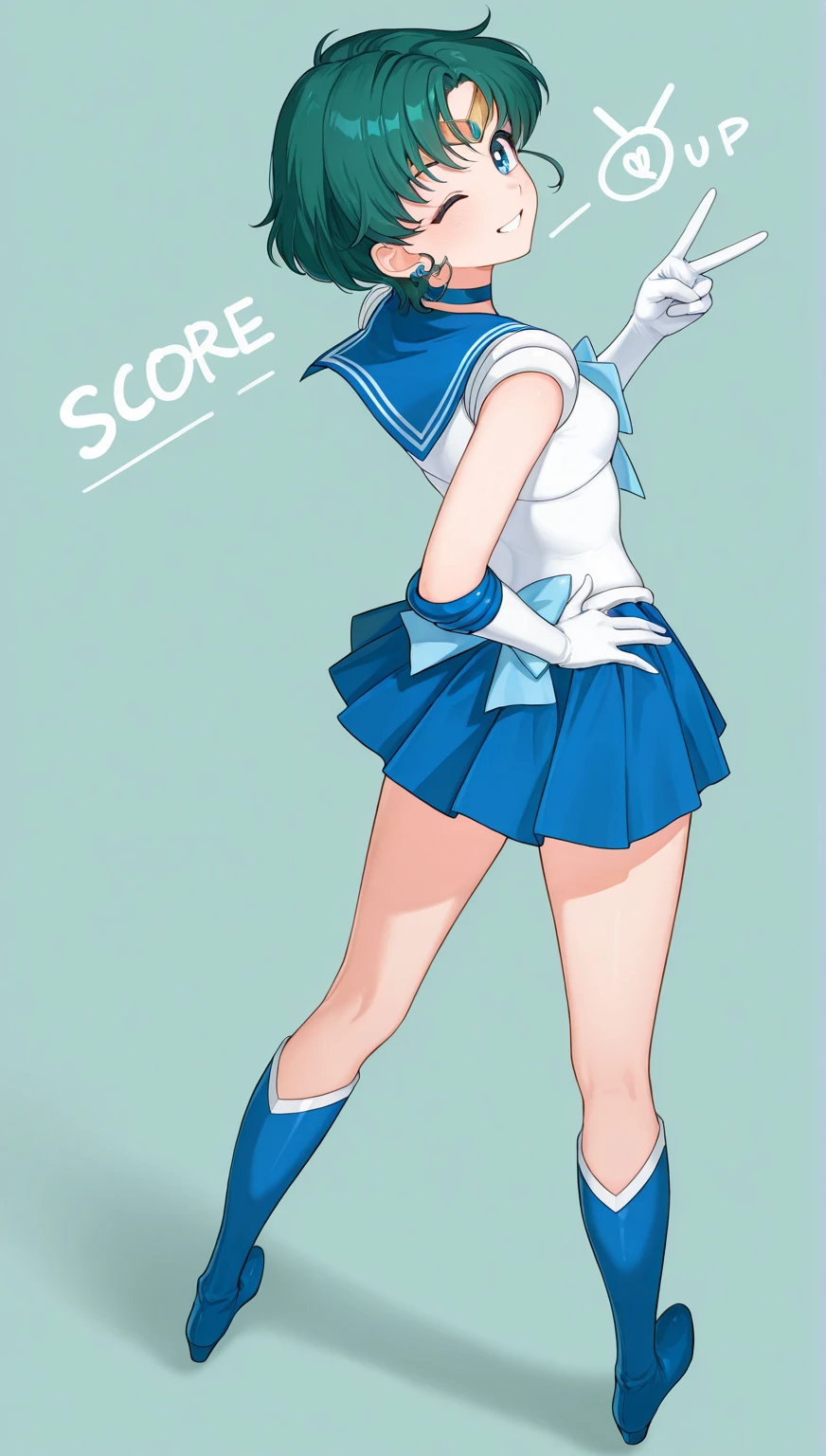 Sailor mercury,full body, smile, wink, Woman looking back, Peace sign ...