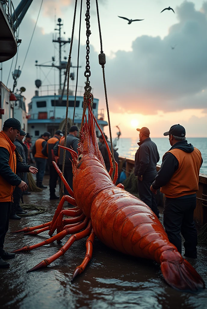 A realistic fishing scene on a large fishing vessel in the middle of ...