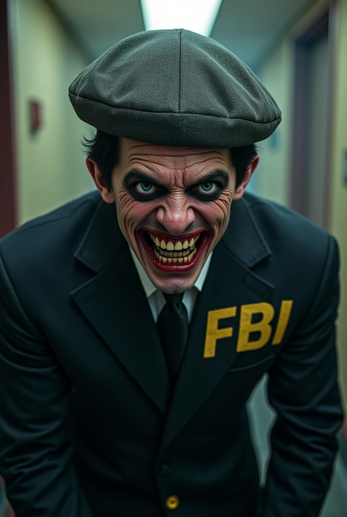 Man on a fbi suit with black hair gray ushanka and a psychopath smile ...