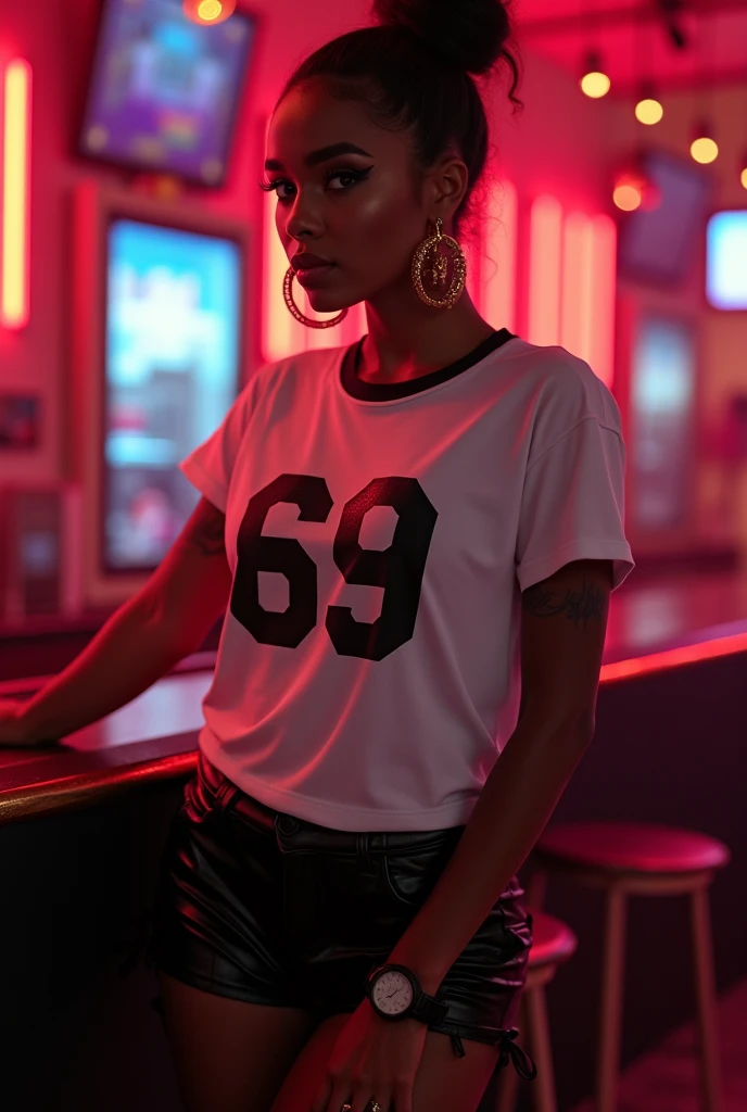 Black woman hair and a bun golden rings wearing a white k Ringer T - SeaArt AI