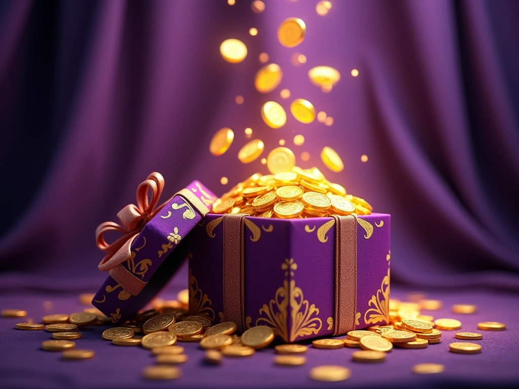 Coins coming out of a purple gift box - SeaArt AI