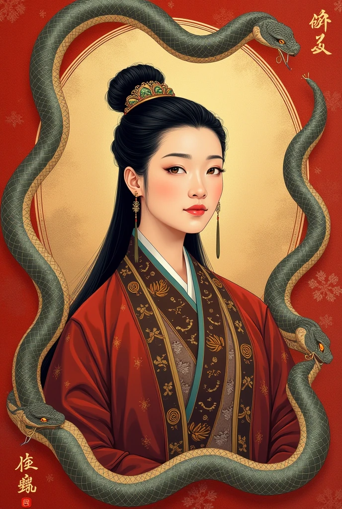 An potrait chinese classic paint art style with snake as a frame on the ...