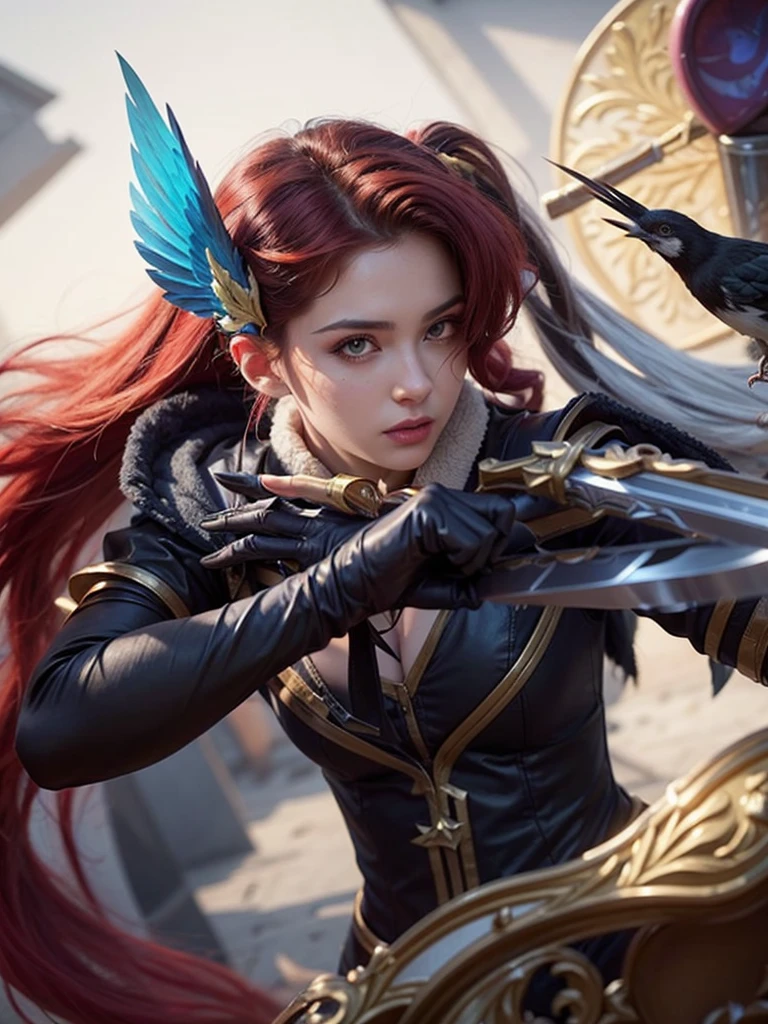 A close up of a woman with a sword and a bird, a portrait by Luis ...