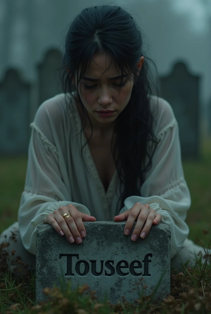 A beautiful girl crying and upset on the front of a dead person grave and the na - SeaArt AI
