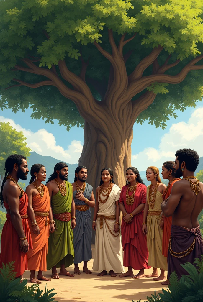 A group of villagers gathered under a large tree, pointing at Tula and ...