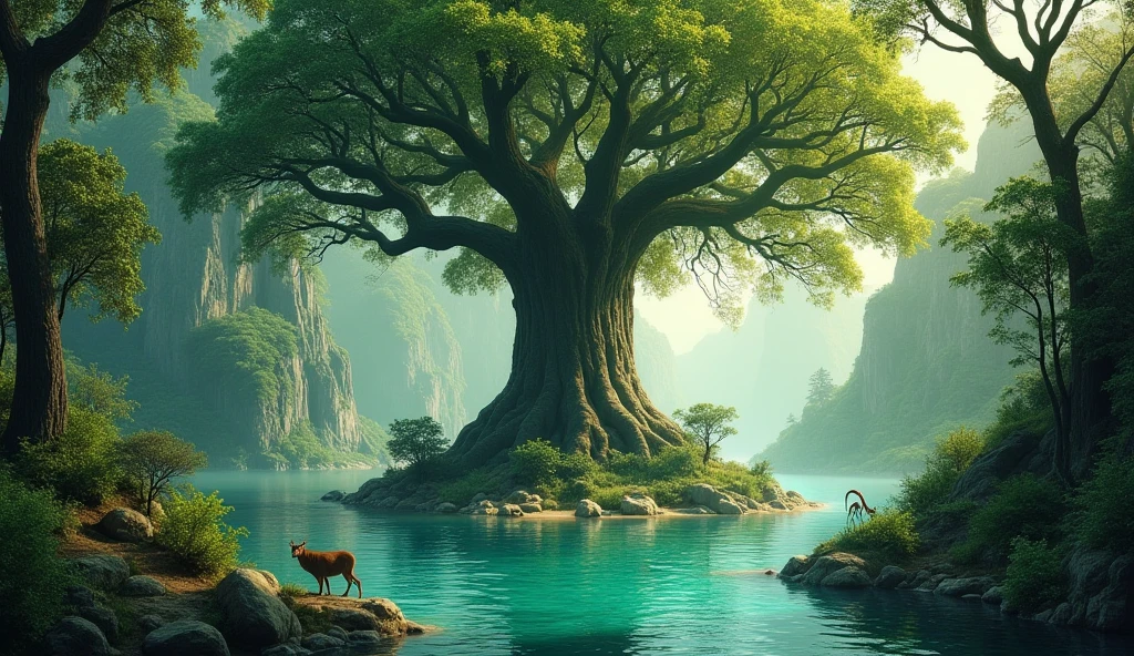 A lush paradise with lush trees, crystal-clear rivers, and animals ...