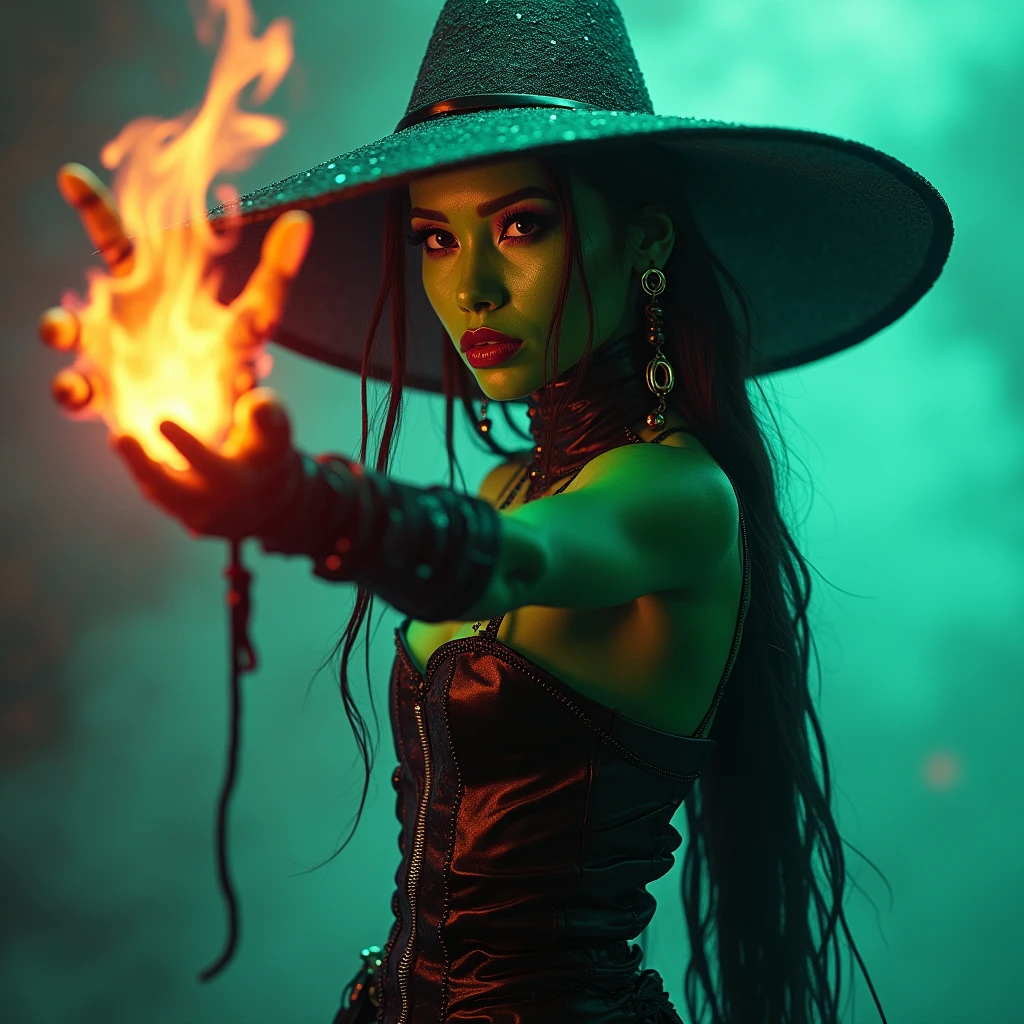 A glamorous cyborg witch, with vibrant dark green-neon skin, in ...