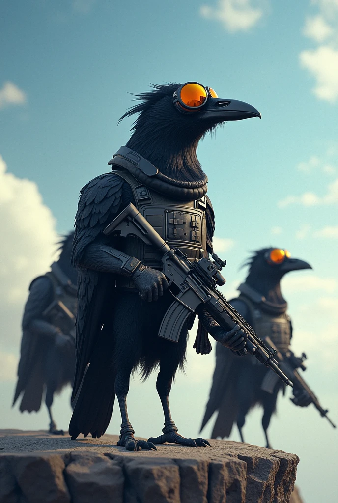 Three anthropomorphic crows dressed in modern military combat gear ...