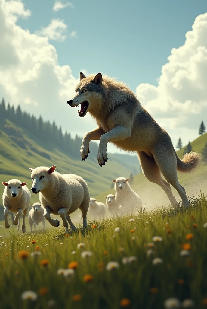 A group of sheep grazing in the middle of a rural area, create a visual ...