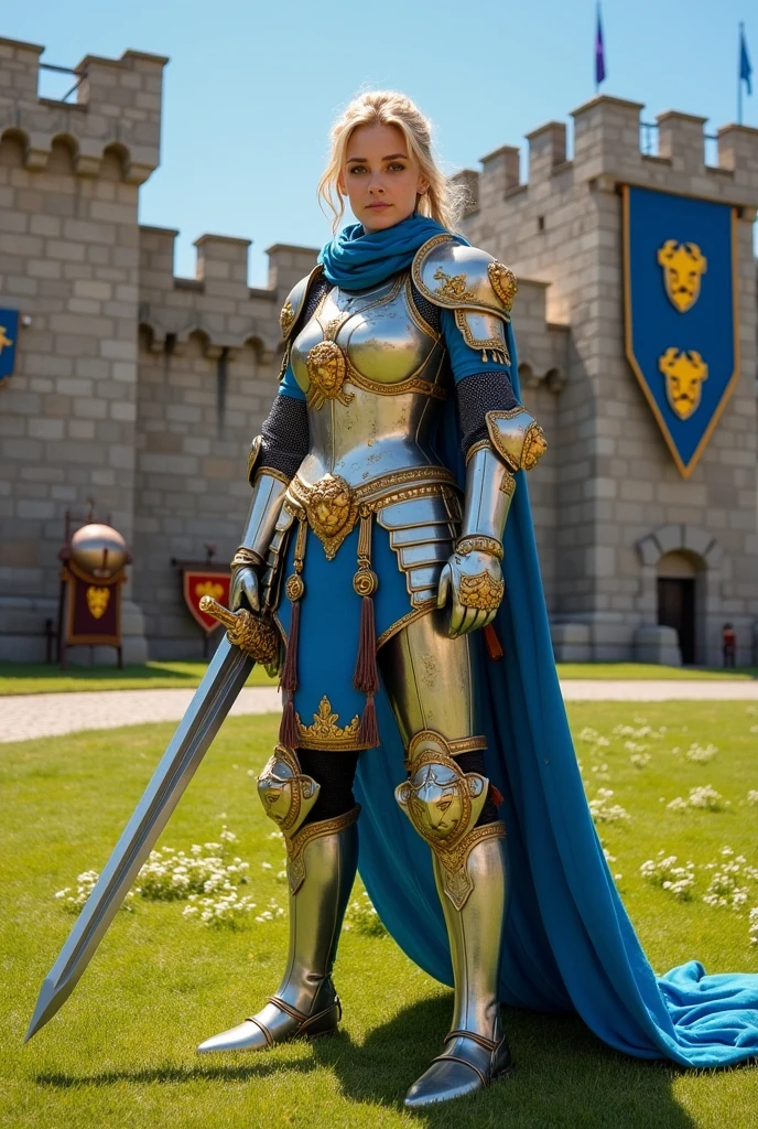 A female paladin wearing elaborate shiny gold, silver and blue lion ...