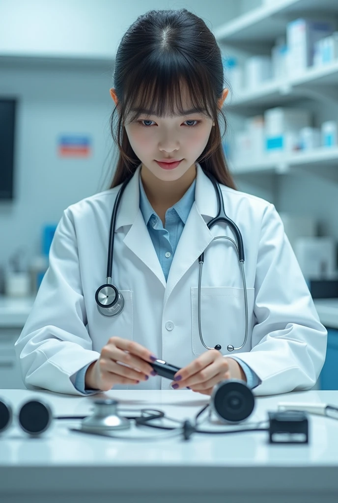 A girl in a lab coat with stethoscope and medical instruments - SeaArt AI