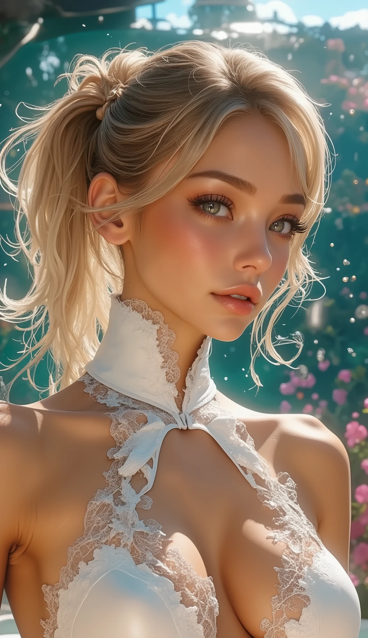 A close up of a woman in a white dress with a very big breast - SeaArt AI