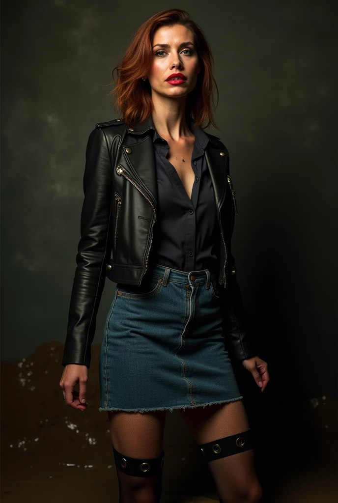 50 years old, smart-looking hot diva, aged wrinkles ,denim tight skirt ...