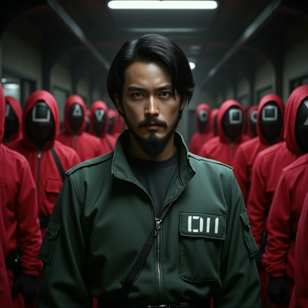 A young man, black beard, detailed face, eyes and lips, short black ...