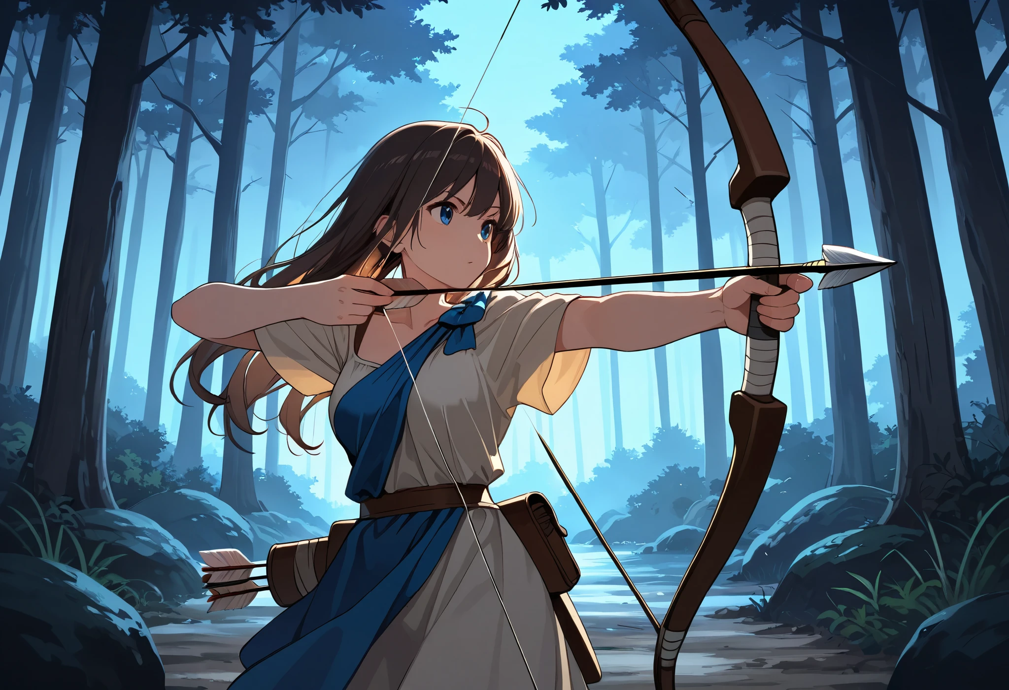 Anime girl with bow and arrow in the woods - SeaArt AI