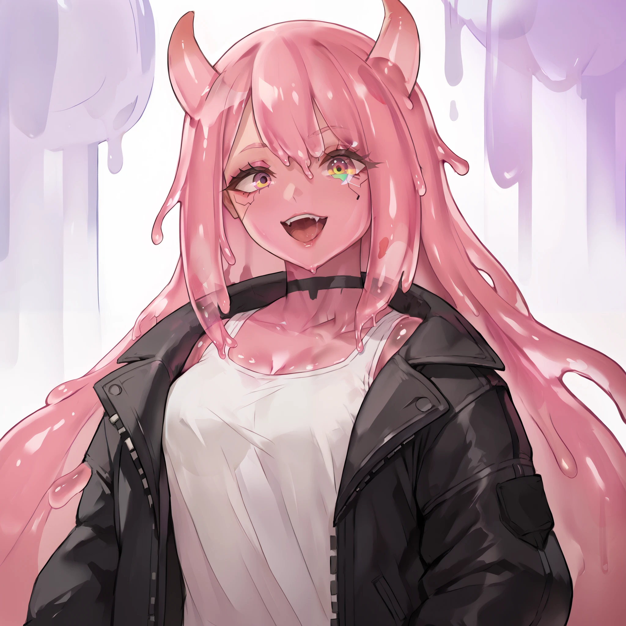 Anime girl with pink hair and horns in a black jacket - SeaArt AI