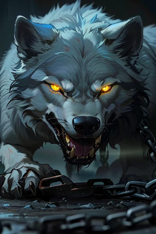 there is a wolf with glowing eyes and chains on the ground, he has ...