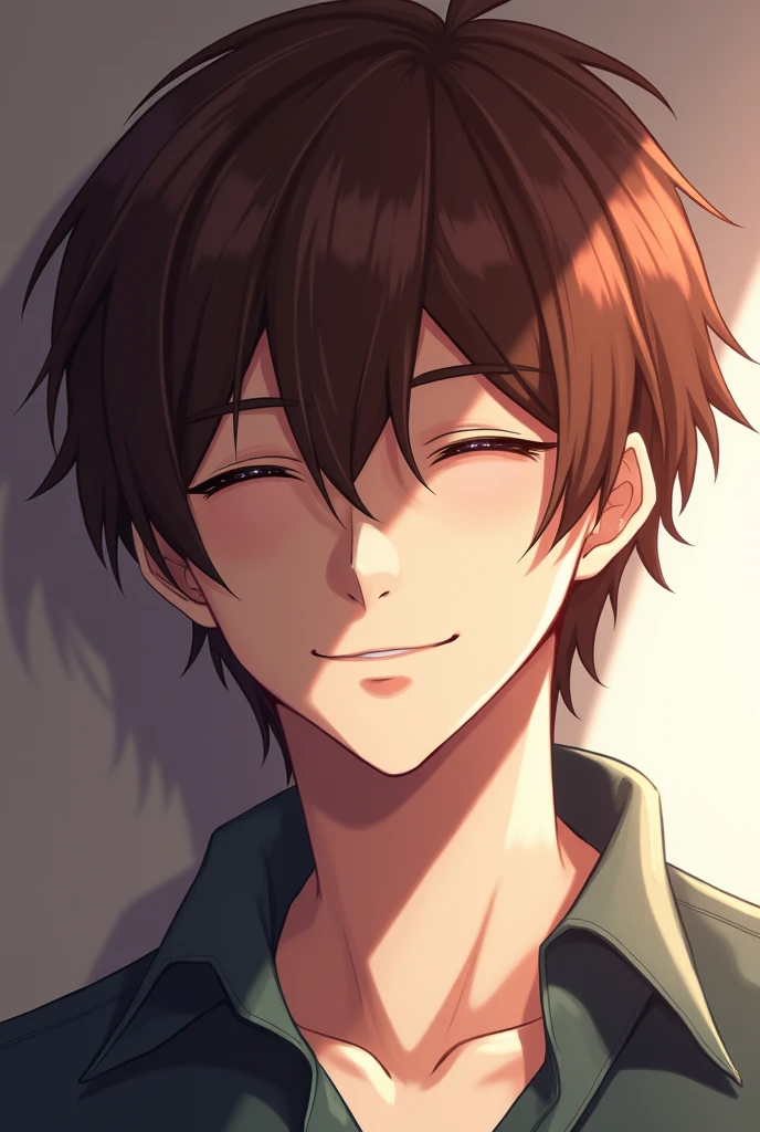 Male character mid lenght brown hair smiling with closed eyes shadows ...