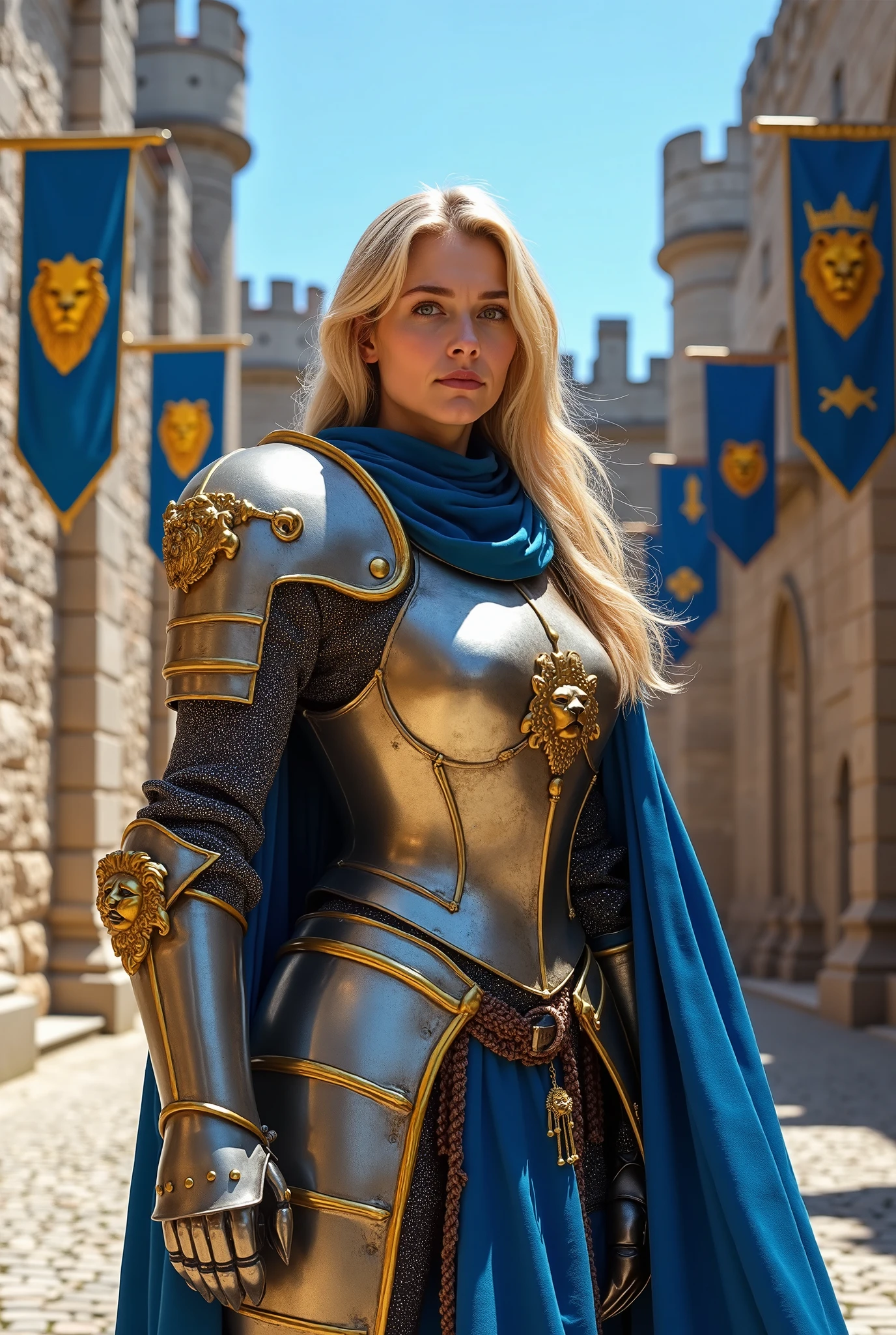 Blond woman in armor and blue cape standing in front of a castle ...