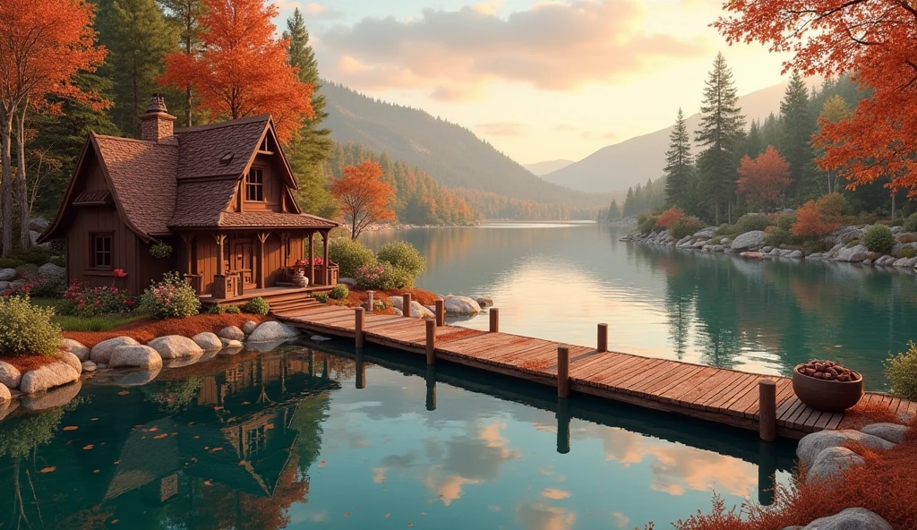 A charming scene featuring chocolate docks extending over a calm ...