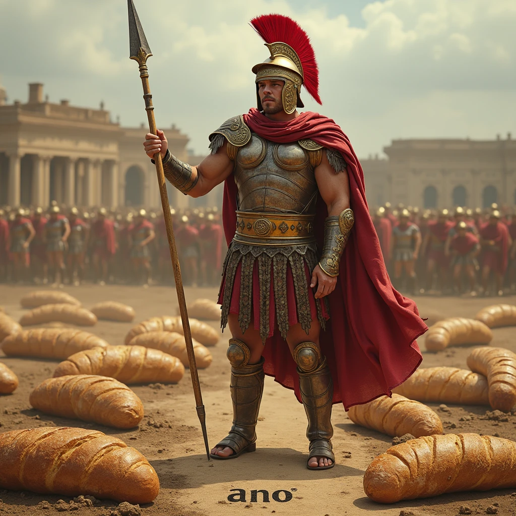 Roman soldier wearing armor from burned bread, standing on the ...