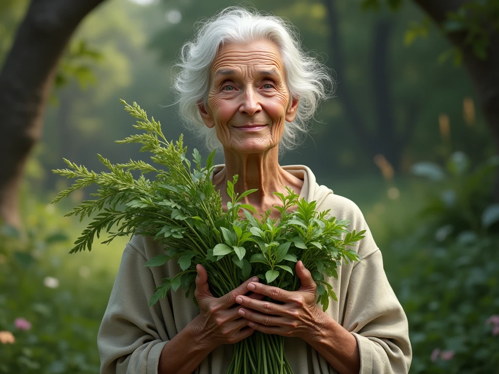 Elderly looking lady , a millennial healer with a bunch of herbs in her ...